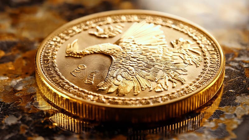 A Shiny Golden Coin Featuring an Intricate Eagle Design on a Reflective ...