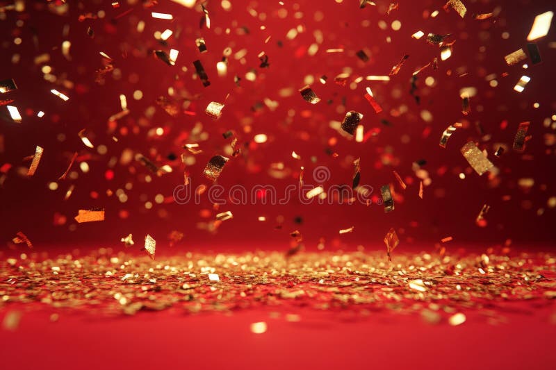 Shiny Golden Confetti Falling Down on Red Background Stock Illustration ...