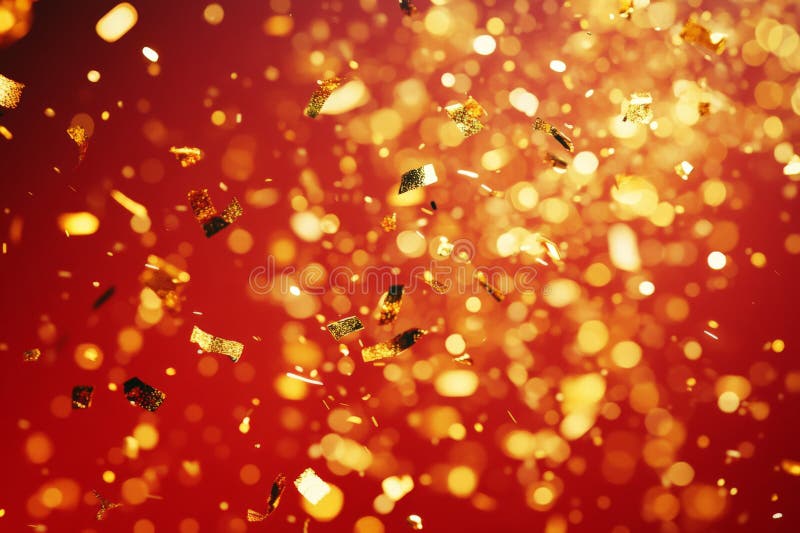 Shiny Golden Confetti Falling Down on Red Background Stock Illustration ...