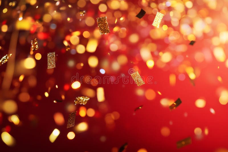 Shiny Golden Confetti Falling Down on Red Background. Stock ...