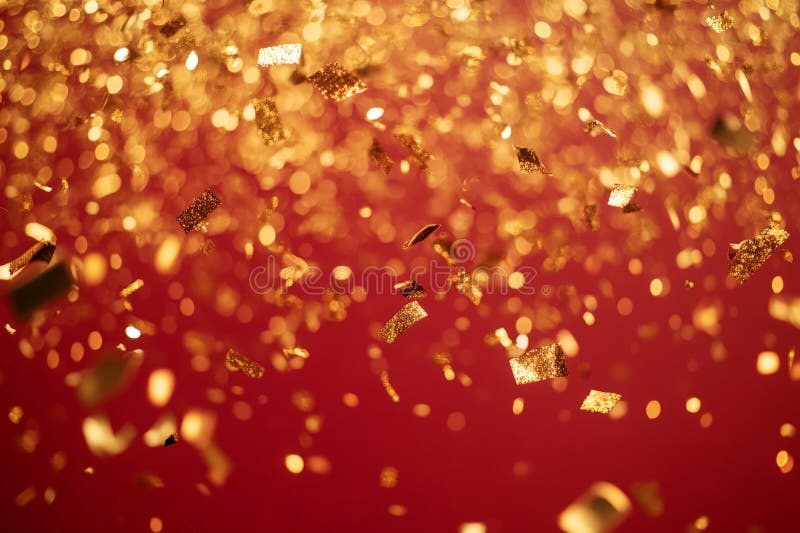 Shiny Golden Confetti Falling Down on Red Background Stock Illustration ...