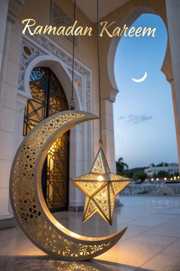 Shiny Golden Crescent Moon and Star Lantern with Abstract Arabic ...