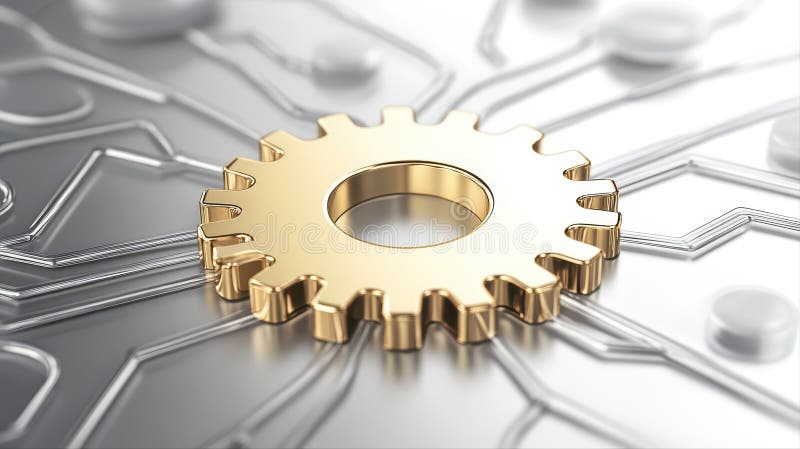 A Shiny Golden Gear Sits Atop a Complex Interconnected Circuit Board ...