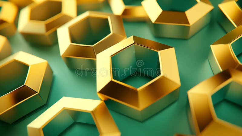 Shiny, Golden Hexagonal Shapes Arranged Randomly on a Teal Background ...