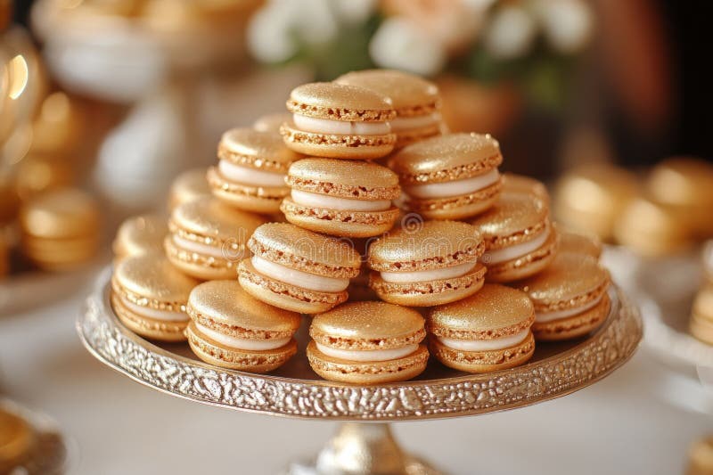 Shiny Golden Macarons Arranged on an Elegant Tray, Creating a Visually ...