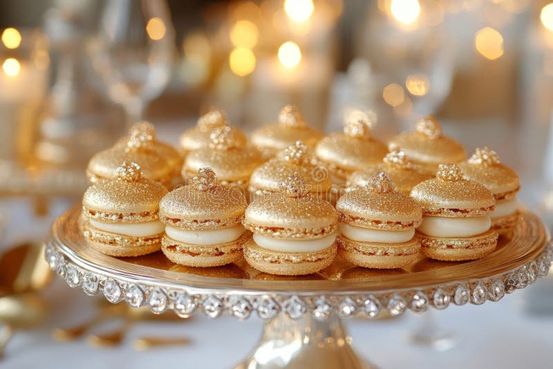 Shiny Golden Macarons Arranged on an Elegant Tray, Creating a Visually ...