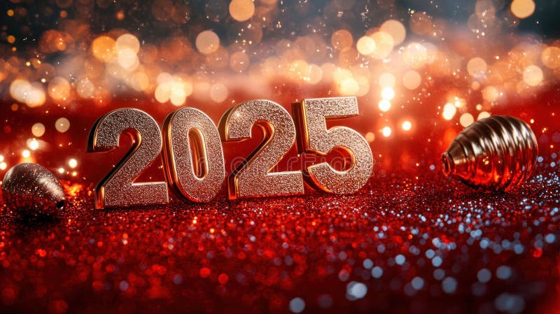 Shiny 2025 Golden Numbers on Red Background Stock Illustration ...