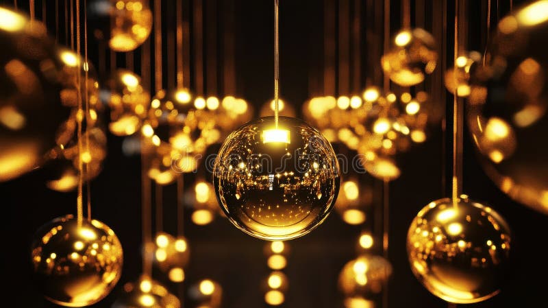 Shiny Golden Spheres Hanging in Rows Creating a Mesmerizing Abstract ...