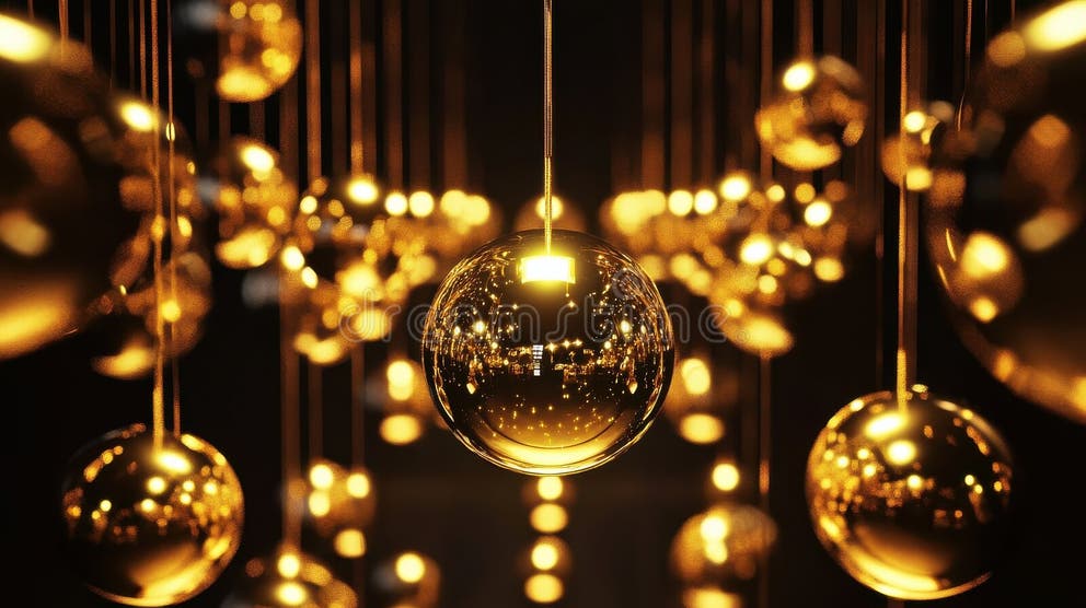Shiny Golden Spheres Hanging in Rows Creating a Mesmerizing Abstract ...