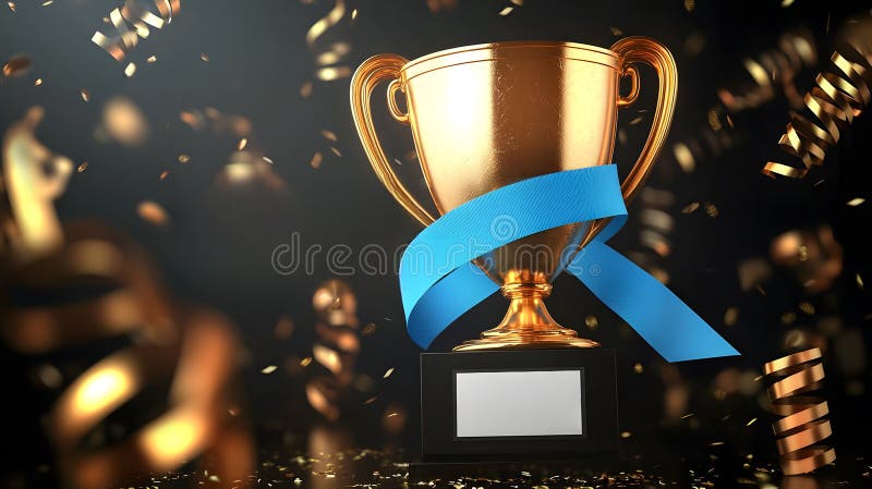 Shiny Golden Trophy with Blue Ribbon and Confetti Stock Image - Image ...