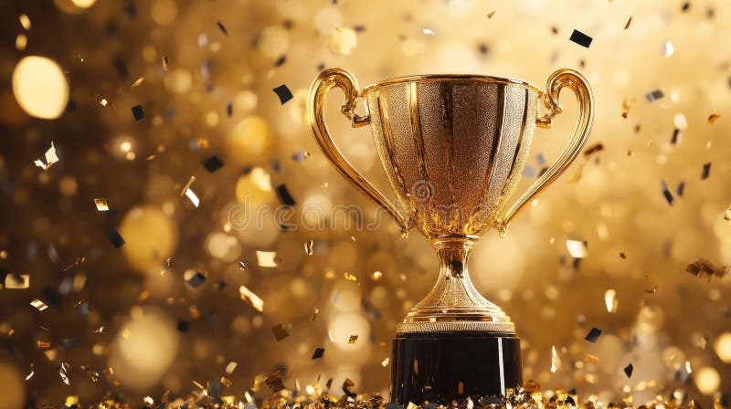 Shiny Golden Trophy with Golden Confetti Falls. Victory Celebration ...