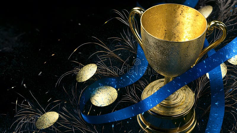 Shiny Golden Trophy Surrounded by Blue Ribbons Stock Image - Image of ...