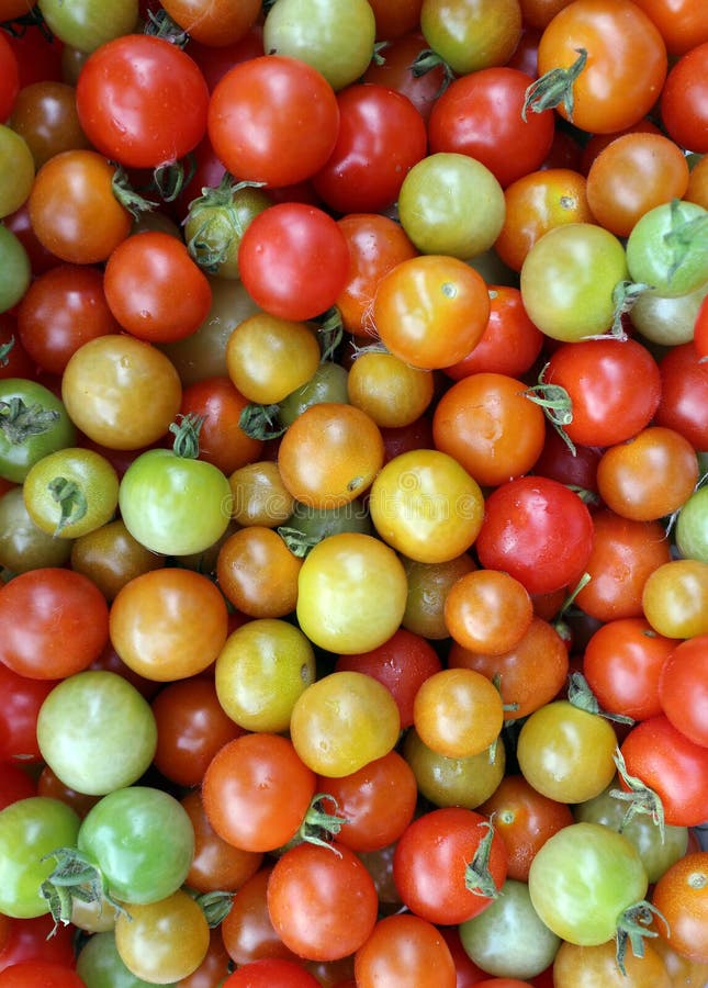 Shiny Grape Tomatoes on Small Buckets in Market Stock Image - Image of ...
