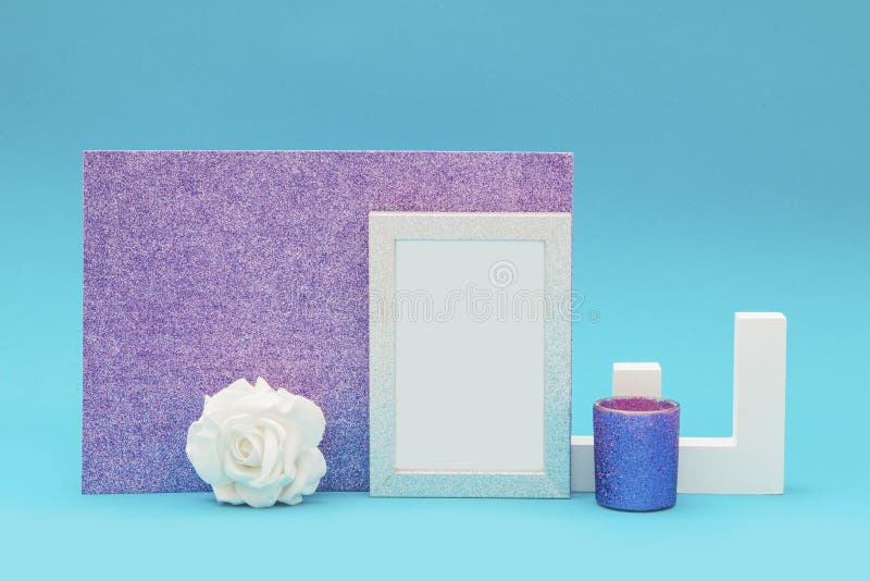 Shiny Grey Frame for Text with Details and Decorations on a Blue ...