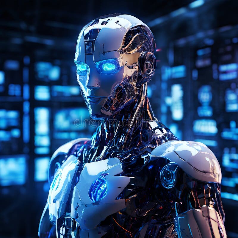 Shiny Humanoid Robot with Blue Eyes in High-Tech Setting Stock Image ...