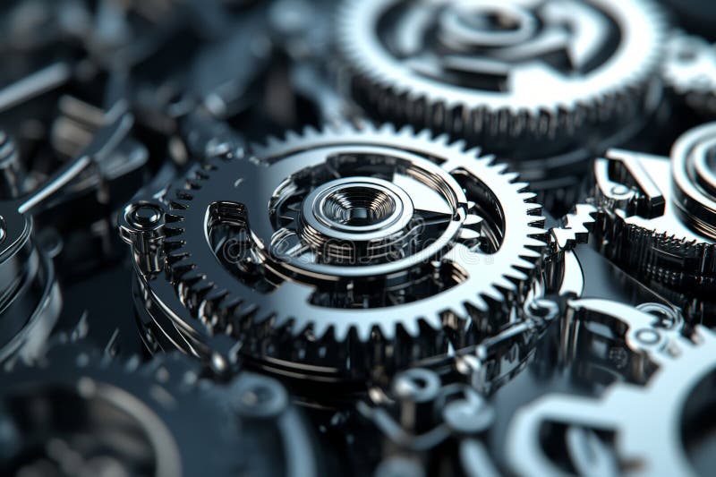 Shiny Interlocking Metallic Gears. Mechanical Systems in Motion Stock ...