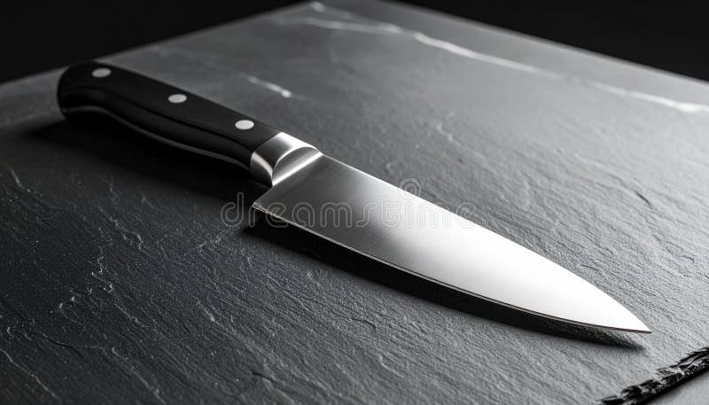 Shiny Kitchen Knife on Slate Board with Blade Edge Highlighted in ...