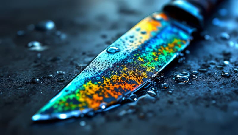 Vivid Knife Blade on Dark Surface with Water Droplets Stock ...
