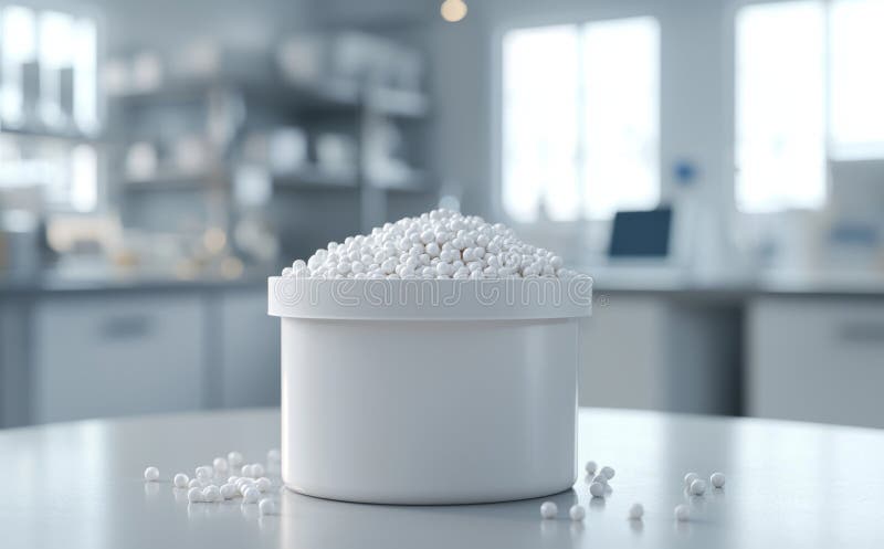 On a Shiny Laboratory Surface, White Pellets Spilled from a Clear ...