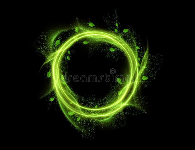 Shiny Magic Circle Frame with Glowing Leaves on Black Background ...