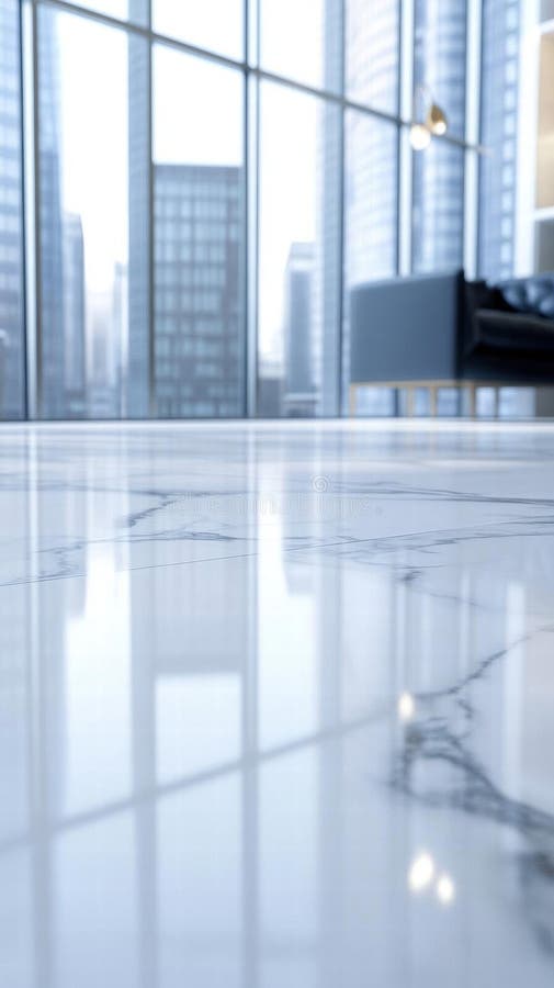 Shiny Marble Floor Reflects City View through Large Windows with Modern ...
