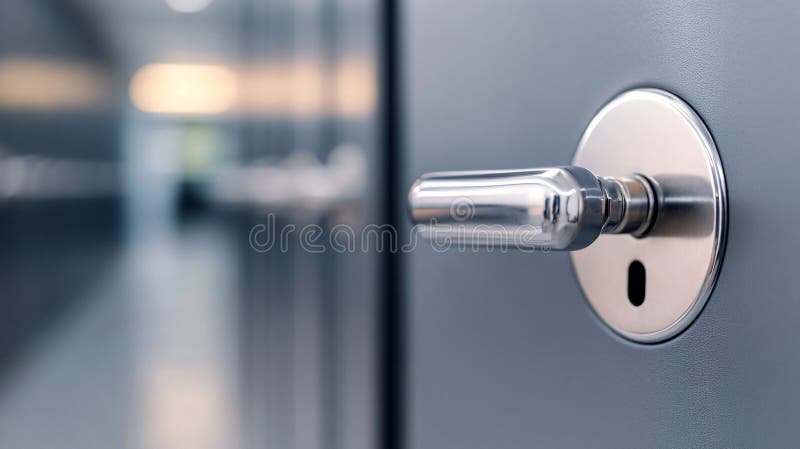 Shiny Metal Door Handle on a Gray Door in an Empty Corridor, Creating a ...