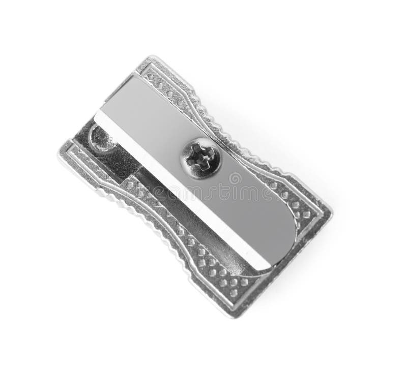 Shiny Metal Pencil Sharpener Isolated on White, Top View Stock Image ...