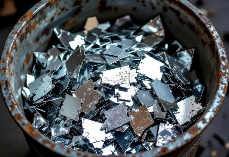 Shiny Metal Shards in a Rusted Container, Showcasing Reflective ...