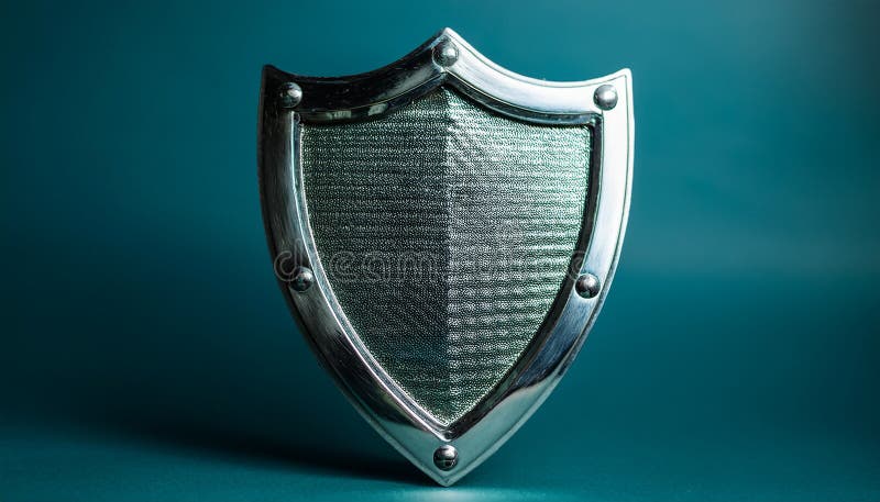 Shiny Metal Shield Isolated on Teal Blue Backdrop. Protection and Security Concept Stock ...