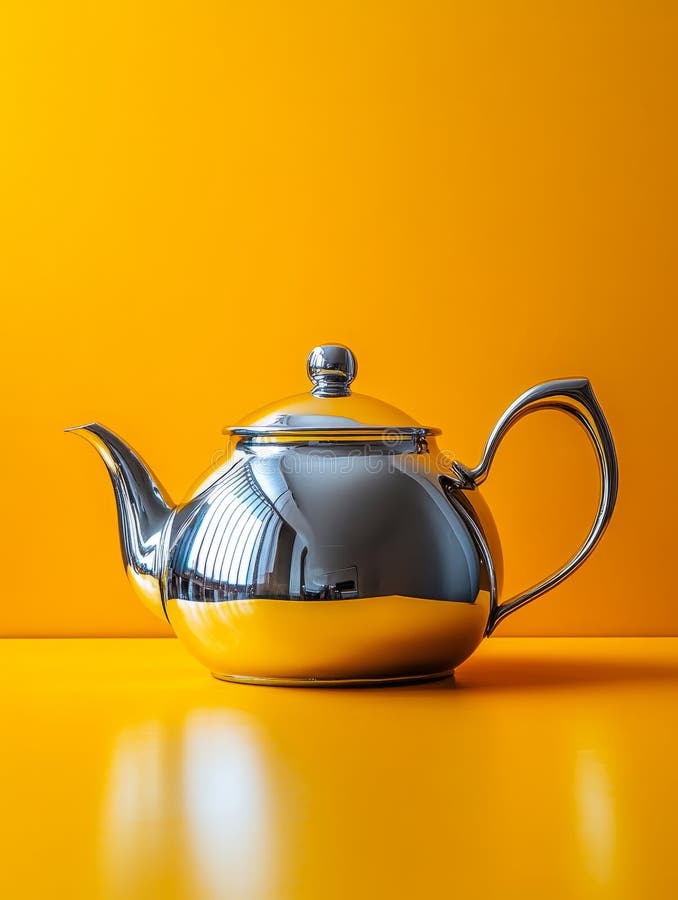 Shiny Metal Teapot on a Vibrant Yellow Background. Stock Photo - Image ...