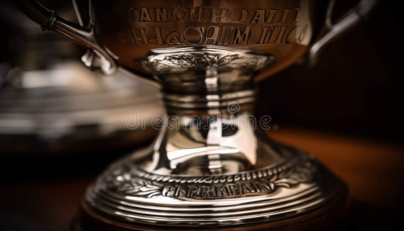 Shiny Metal Trophy on Wooden Table with Antique Coffee Cup Generated by ...