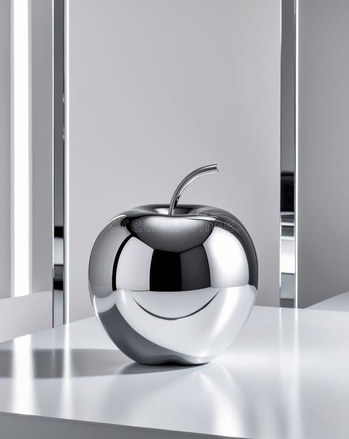 Shiny Metallic Apple Sculpture on a Smooth Surface with Reflections ...