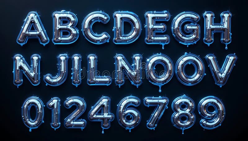 Shiny Metallic Chrome Alphabet and Numbers with Blue Dripping Effect ...