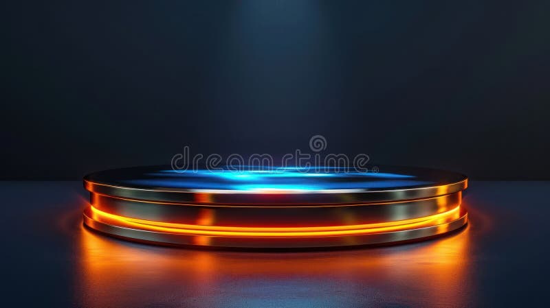 A Shiny, Metallic, Circular Stage with a Blue and Orange Glow Stock ...