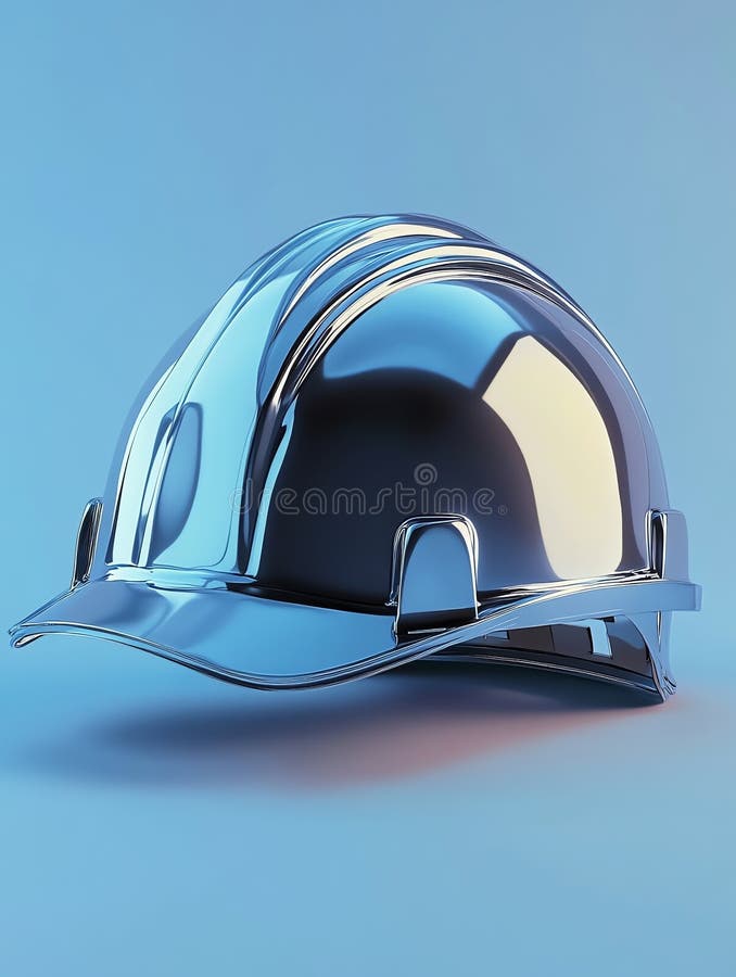 Shiny Metallic Construction Hard Hat Reflecting Light on Blue ...