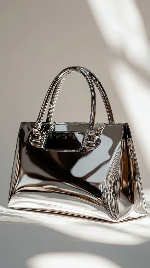 Shiny Metallic Handbag with Reflective Surface on Light Background ...