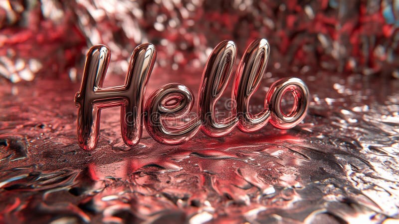 Shiny Metallic Hello Sculpture on Textured Surface with Pinkish Hue ...