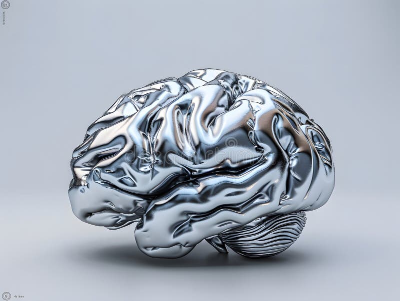 Shiny Metallic Human Brain Sculpture Showcasing Intricate Details and ...