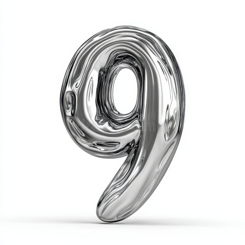A Shiny, Metallic Number 9 Rendered in a Smooth, Fluid Style Stock ...