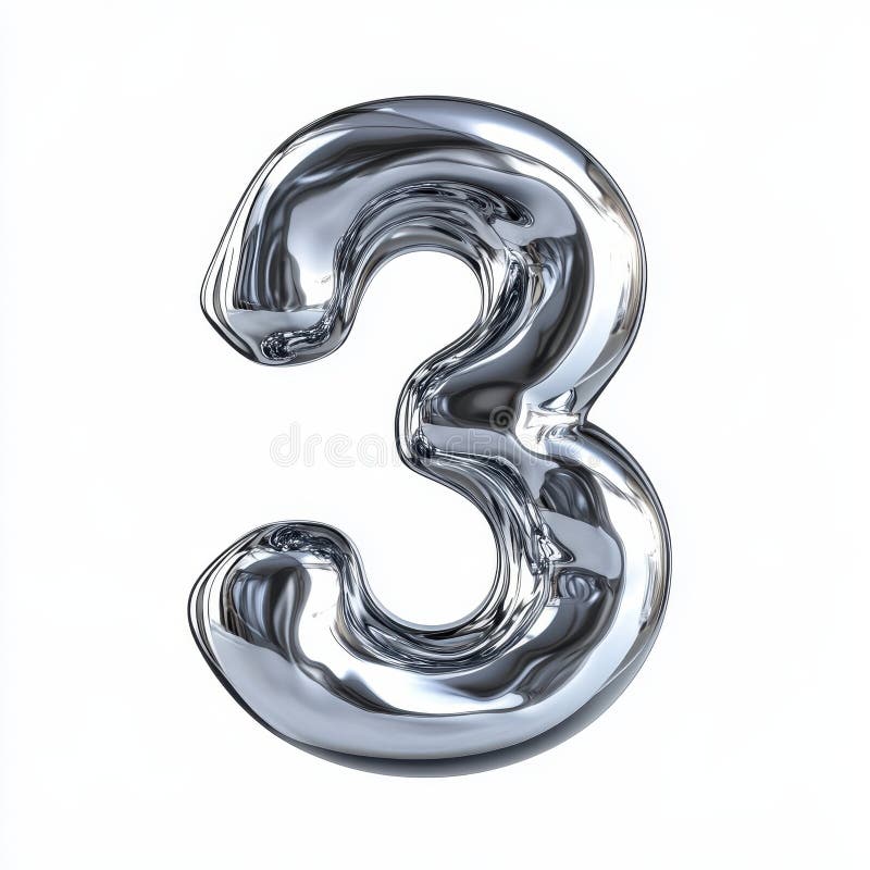 A Shiny, Metallic Number Three with a Smooth, Reflective Surface Stock ...