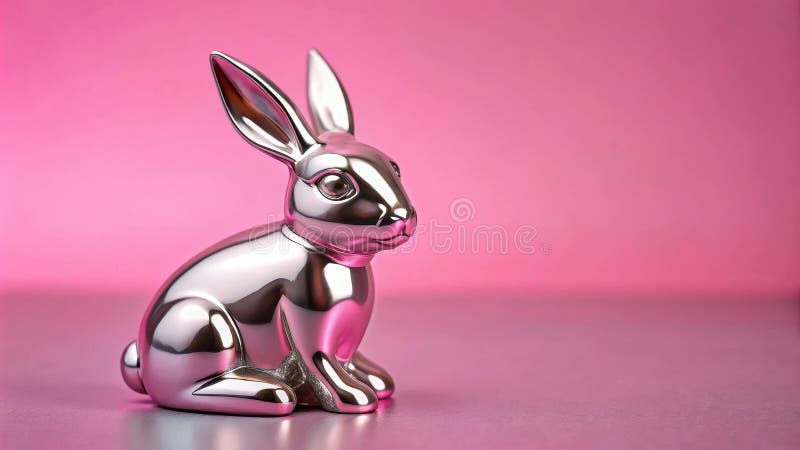 Shiny Metallic Rabbit Figurine on Pink Background, a Festive Decorative ...