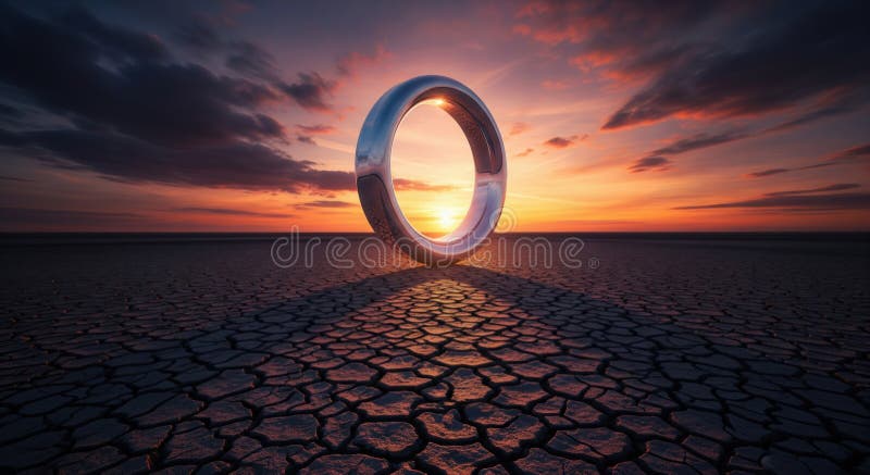 Shiny Metallic Ring Stands on Dry Cracked Earth, Casting a Long Shadow ...