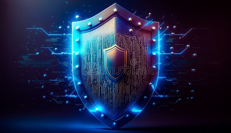 Shiny Metallic Shield with Blue Lights on Dark Background. Generative ...