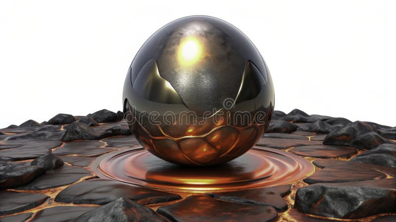 Reflective Metallic Sphere Resting on Molten Lava Surface with Glowing ...