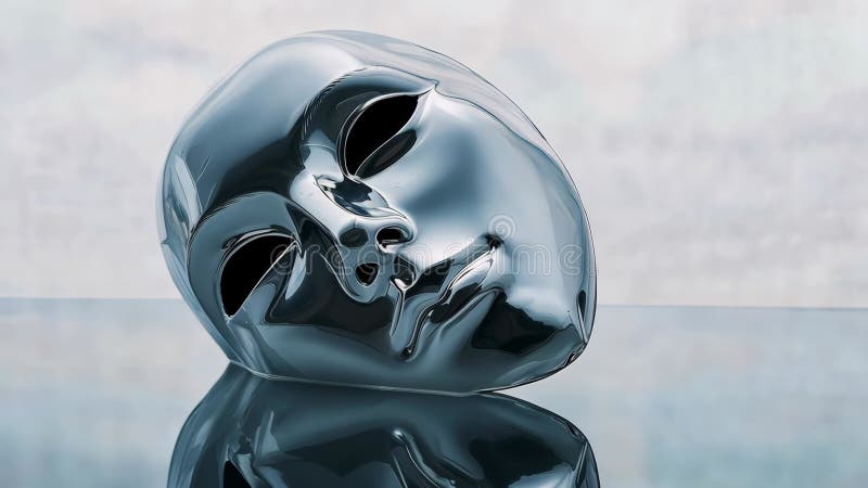Metallic Theatrical Mask Resting on Reflective Surface, Displaying ...