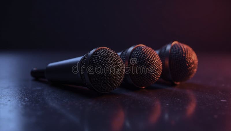 Shiny Microphones on a Dark Floor with Shadows, Dark Reflection, Shiny ...