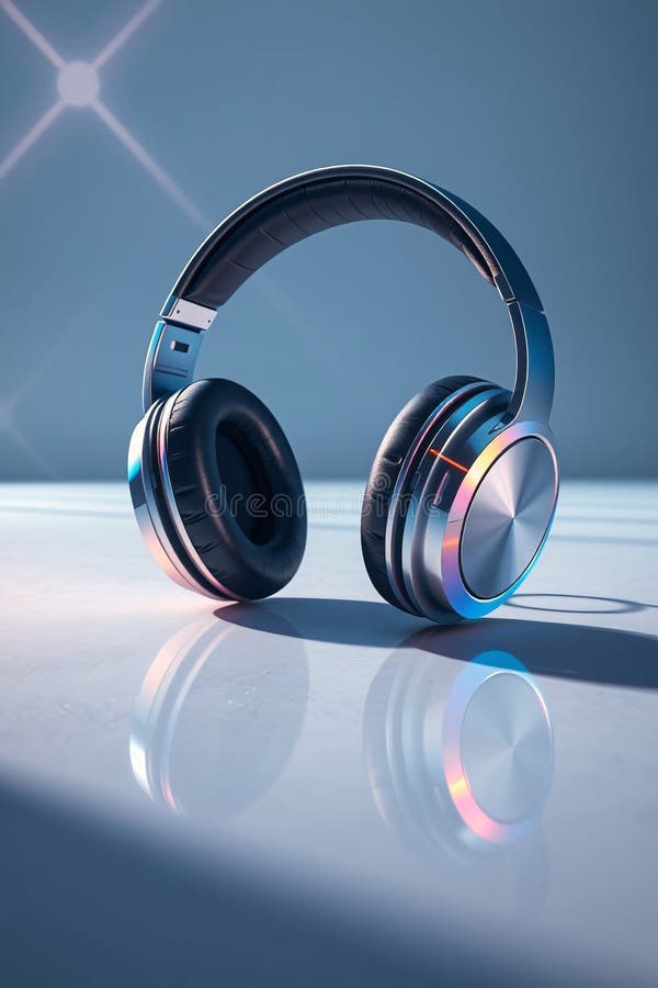 Shiny Modern Sleek Silver Headphones on Reflective Surface in Soft ...