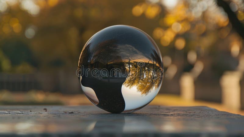 A Shiny Object Sitting on a Table with the Reflection of Trees in it ...