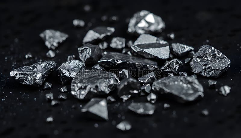 Shiny Obsidian Shards Scattered on a Reflective Surface Stock ...