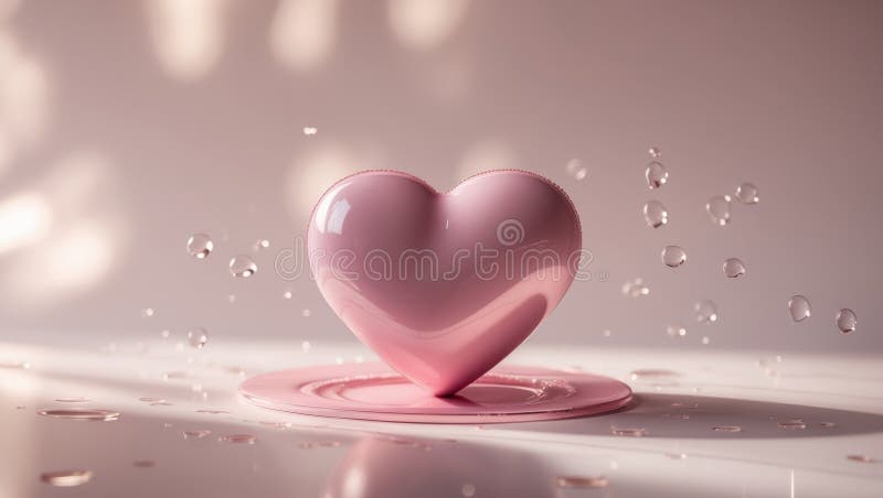 Shiny Pink Heart on Table Reflecting Light with Water Droplets Stock ...